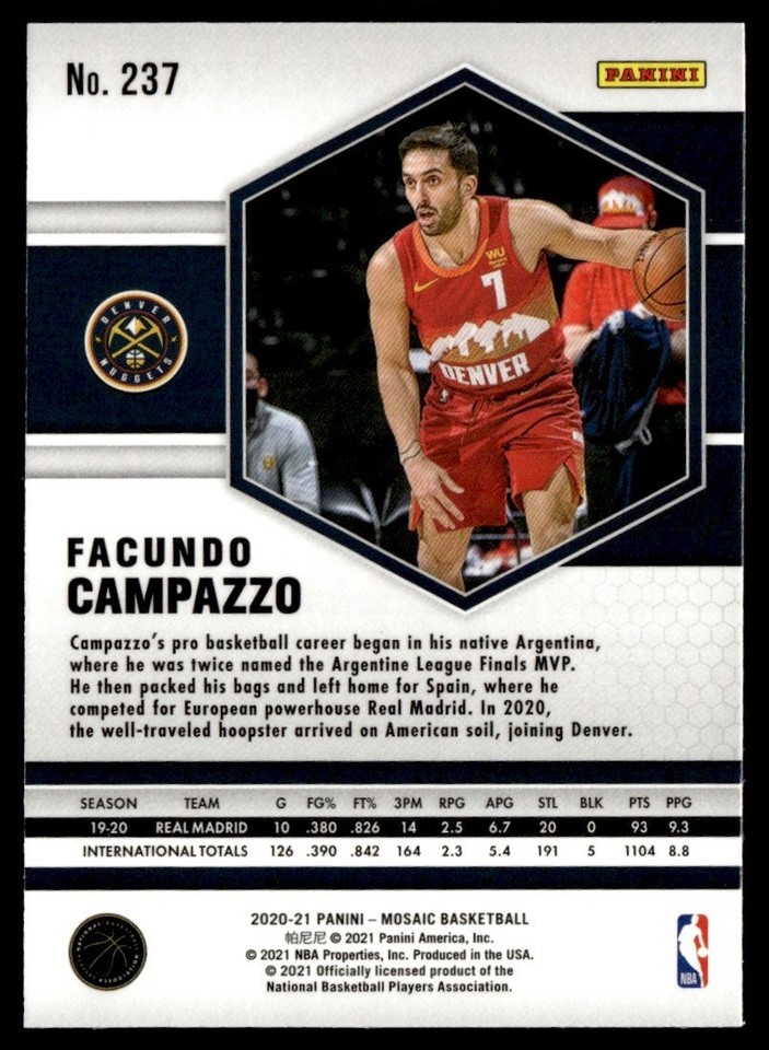 2020-21 Panini Mosaic Facundo Campazzo Rookie Denver Nuggets #237 | eBay