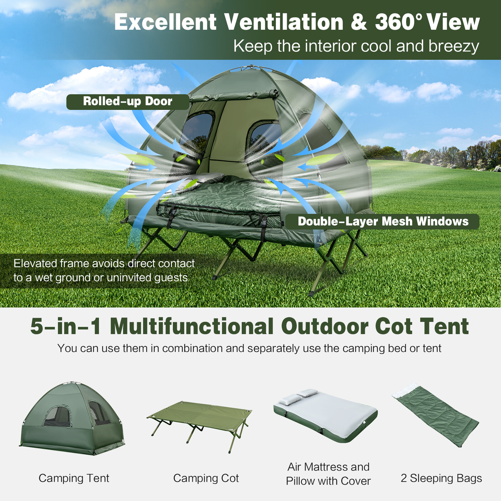 2-Person Compact Portable Pop-Up Tent/Camping Cot w/ Air Mattress ...
