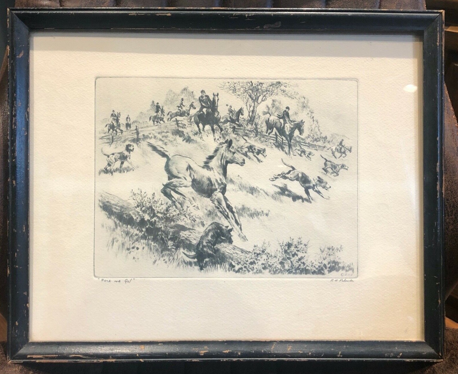 PALENSKE SIGNED "Here We Go" Drypoint Etching Horse Dog Pointer Pony ...