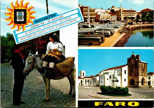 Postcard Portugal Faro - regional Algarve costumes dock cathedral city ...