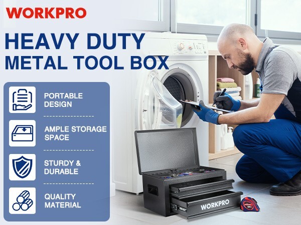 WORKPRO 15 Inch Tool Box, Metal Tool Box with 2 Drawers& 1Top Storage Heavy Duty | eBay