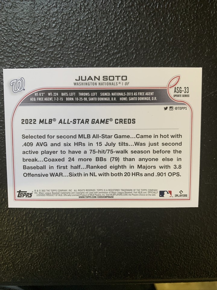 2022 Topps Update ASG-33 JUAN SOTO ALL STAR GAME RARE Blue Parallel | eBay