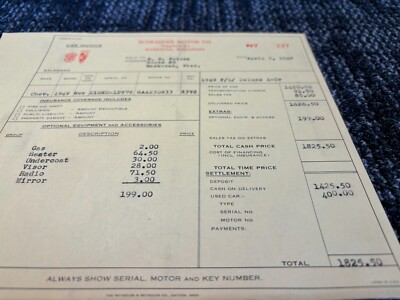 Vtg 1949 Chevrolet New Auto Dealer Sales Receipt Car Dealership Invoice ...
