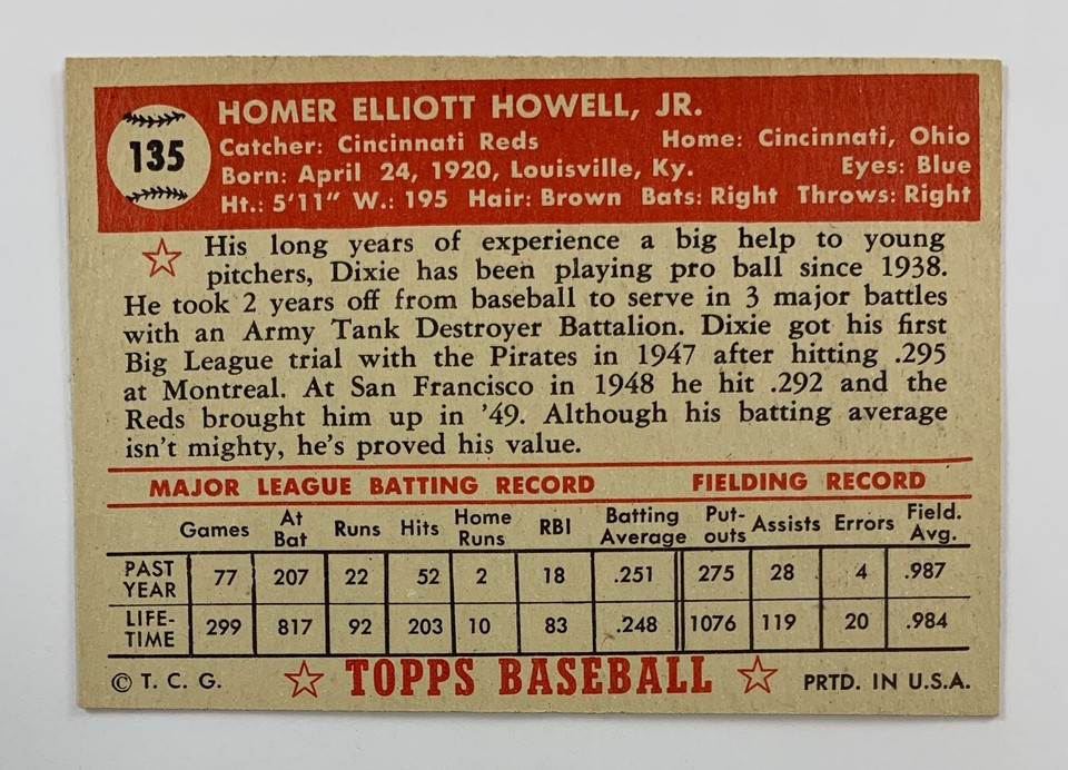 1952 Topps Baseball #135 Dixie Howell (Reds) 124E | eBay