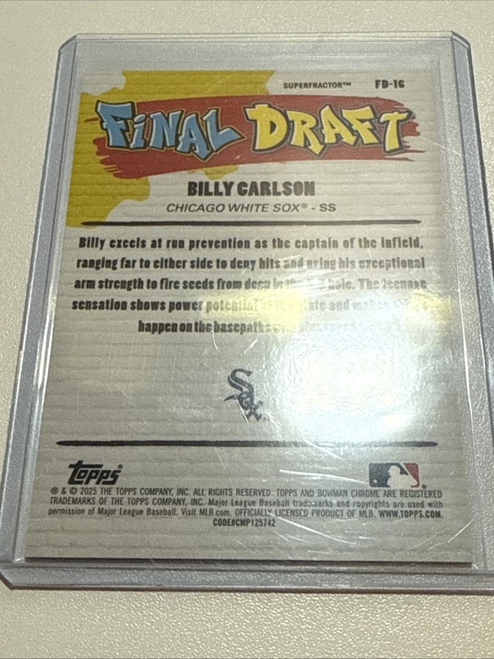 2025 Bowman Draft Billy Carlson Final Draft Superfractor 1/1 Chicago ...