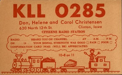 Vtg KLL 0285 CB Radio QSL Card Clinton IA Christensen Family Train Pie ...