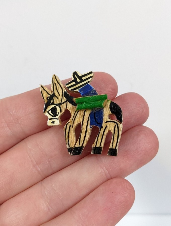 Small Burro Donkey And Traveler Brooch Pin - Handmade - Gem