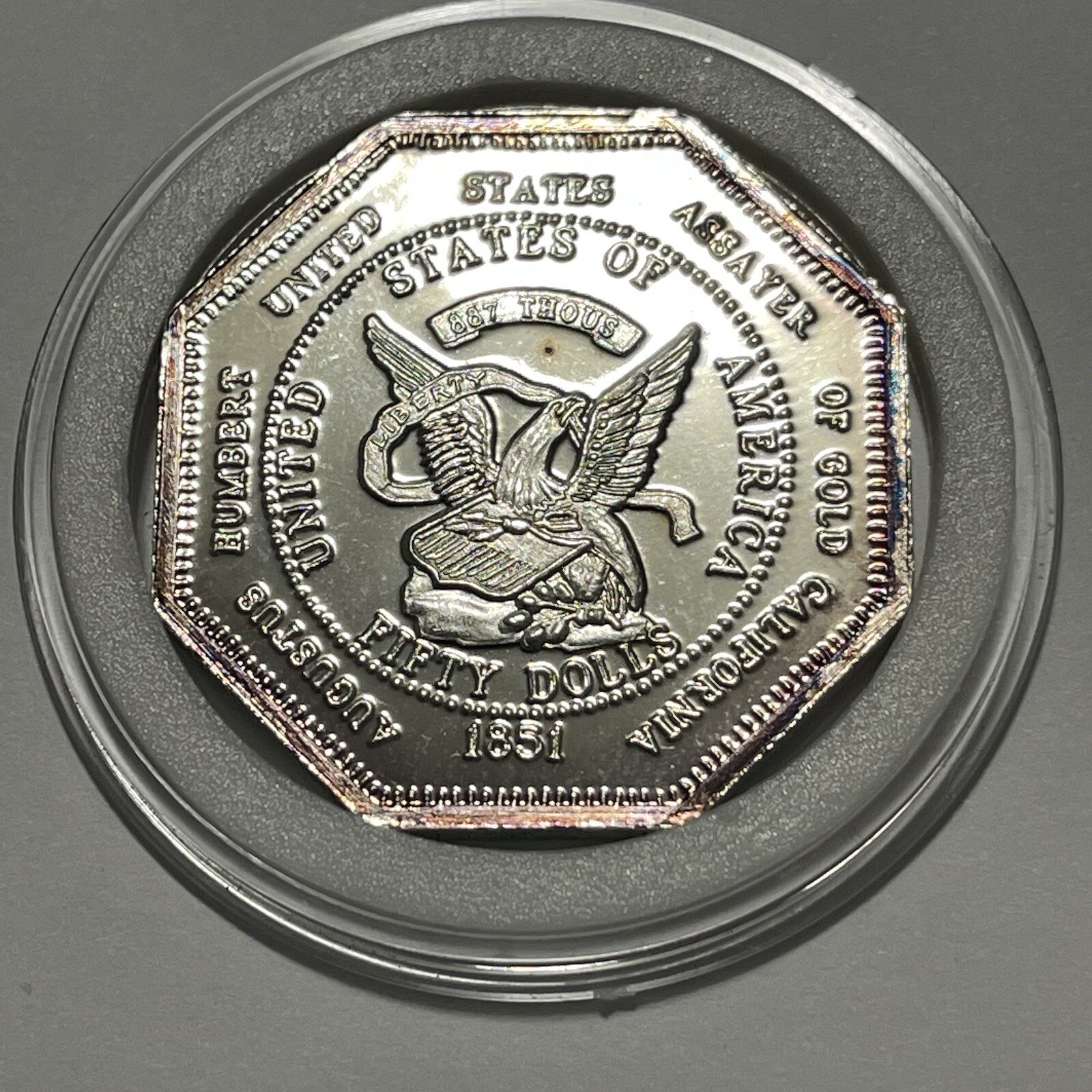 1851 Octagon Shaped Coin Copy Rainbow Toning 1 Troy Oz .999 Fine Silver ...