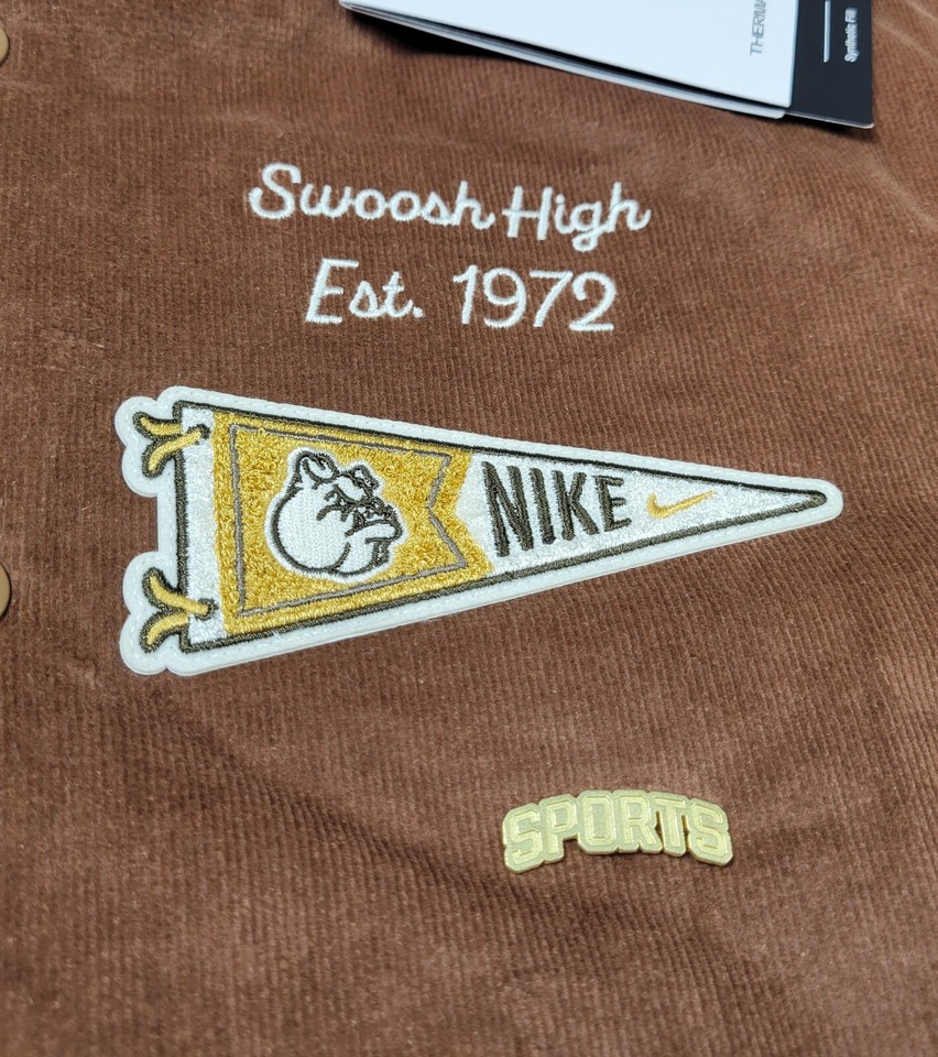 NIKE Varsity Bomber Jacket Large Mens Brown Black White Letterman Patch ...