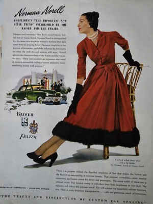 1947 Womens Norman Traina Norell fur trim dress Kaiser Frazer Car ...