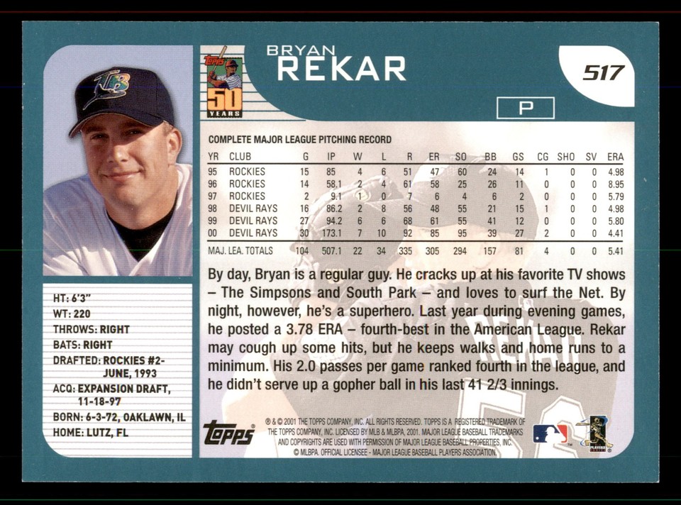 2001 Topps Bryan Rekar #517 Tampa Bay Devil Rays Baseball Card | eBay