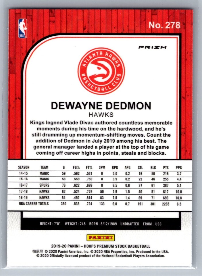 2019-20 Hoops Premium Stock #278 Dewayne Dedmon Prizms Purple Disco ...