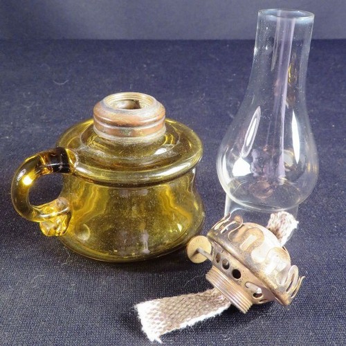 Circa 1900 Amber Miniature Kerosene Oil Flat Finger Lamp w/ Crystal ...