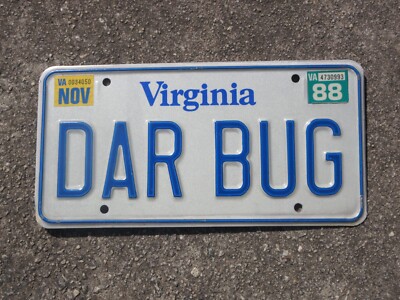 1988 Virginia DAR BUG Vanity License Plate Volkswagen Beetle VW Punch ...