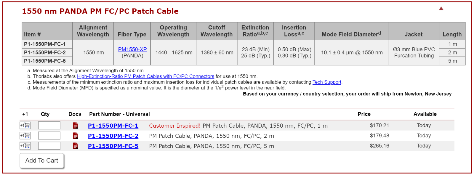 Thorlabs PM1550-HP-Custom Panda fiber 30m FC/PC connectors for sale ...