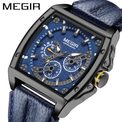 Megir Men's Genuine Leather Quartz Watch Chronograph Casual Square ...