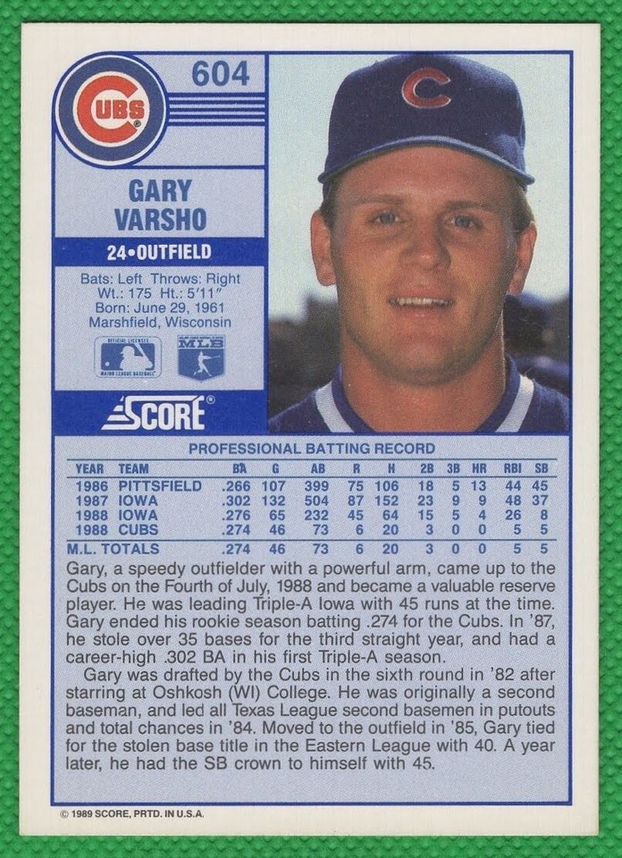 Gary Varsho - 1989 Score #604 - Chicago Cubs Baseball Card | eBay