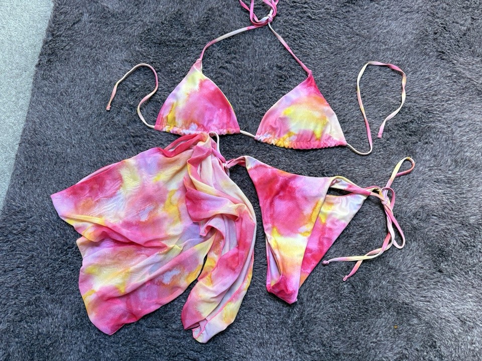 New Shein Pink Yellow Orange String Triangle Bikini & Sarong Set Large 10 12 14 | eBay UK