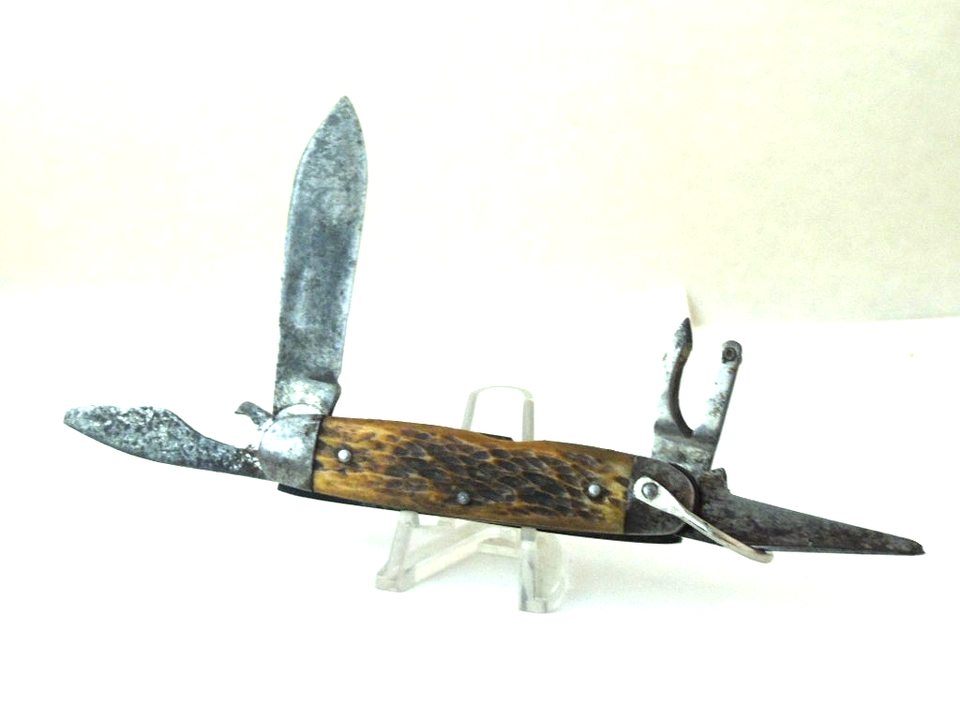 VTG Camp Knife Jigged Brown Bone Scales Can & Bottle Opener, Punch ...