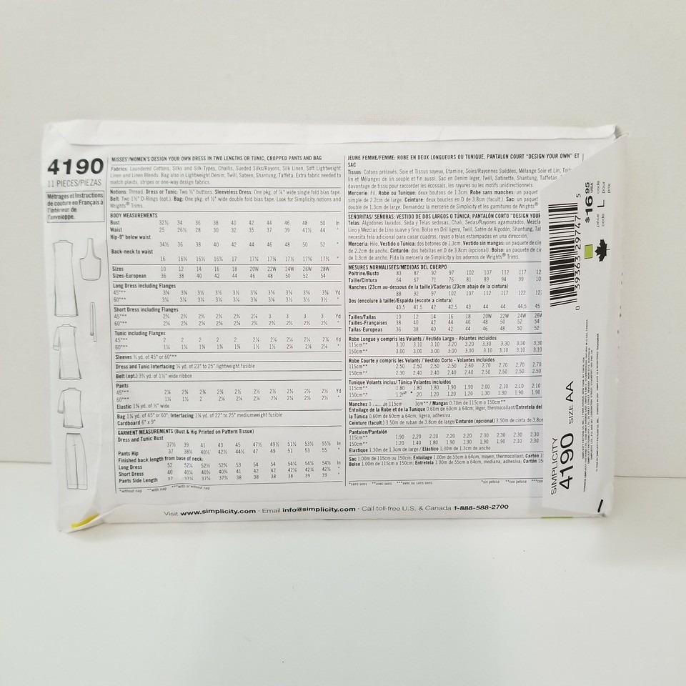 Simplicity 4190 Sewing Pattern Sz 10, 12, 14, 16, 18 Dress Tunic Pants ...