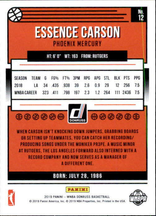Essence Carson 2019 Donruss WNBA Card #12 | eBay