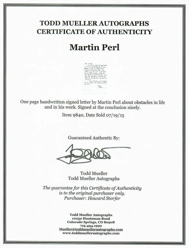 *RARE* "Nobel Prize in Physics" Handwritten Letter by Martin Perl COA ...