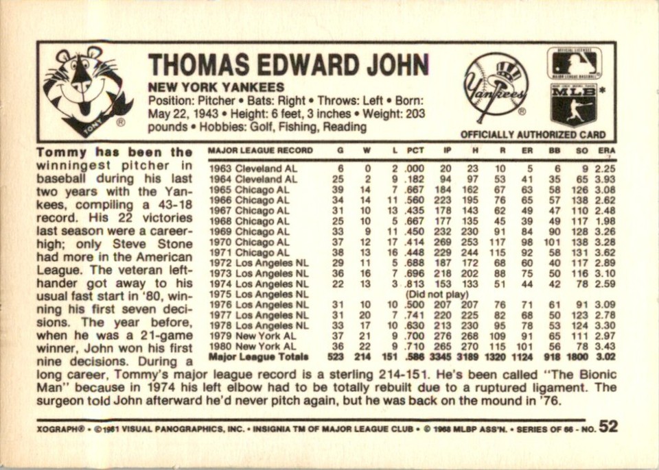 1981 Kellogg's Tommy John New York Yankees #52 | eBay
