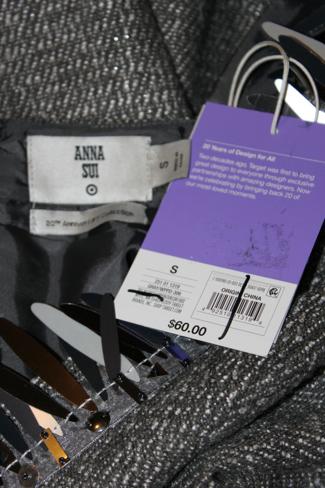 Anna Sui Target Boucle Tweed Plunge Neck Metallic Trim Babydoll Dress S ...