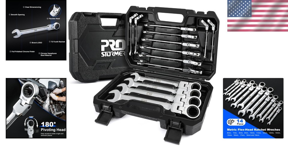 Luxury 14-Piece Metric Flex-Head Ratcheting Wrench Set - Supreme Chrome ...