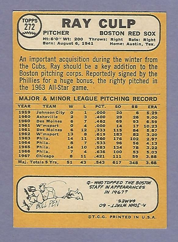1968 Topps - #272 Ray Culp - Boston Red Sox - ExMt+ | eBay
