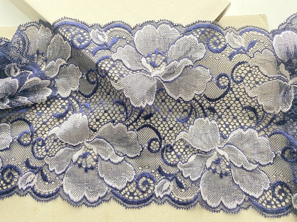 2 Yds Stretch Navy Blue & White Floral-print Eyelet Lace Trim /Sewing/7 ...