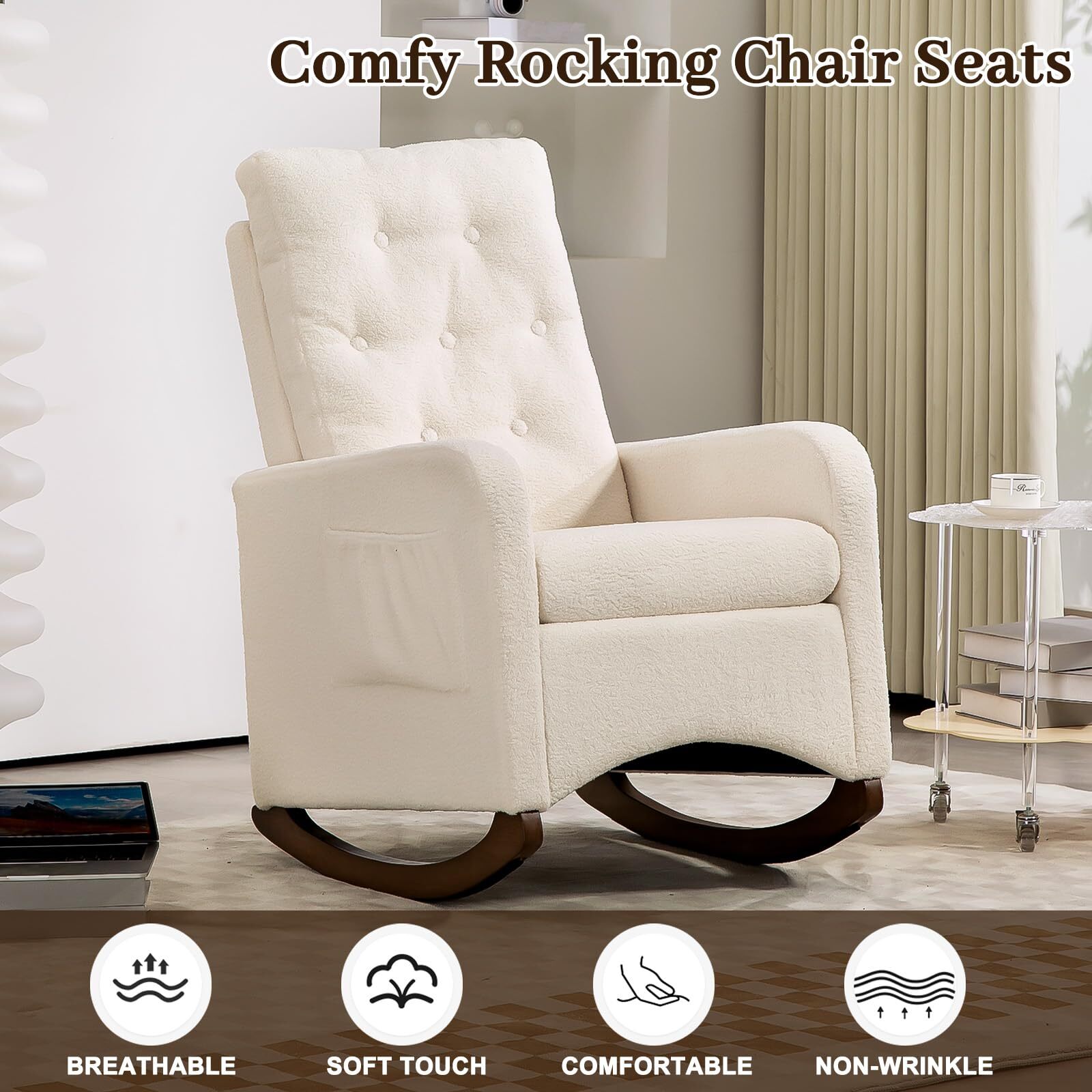Modern Rocker Chair Accent Chair with Side Pocket Wood Legs for Living ...
