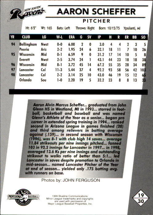 1999 New Haven Ravens BlueLine #19 Aaron Scheffer Ypsilanti Michigan MI ...