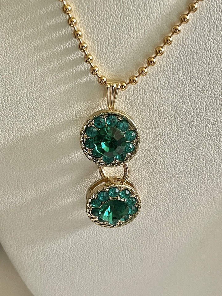 Vintage Teal Rhinestone Crystals Goldtone Pendant Necklace & Clip ...