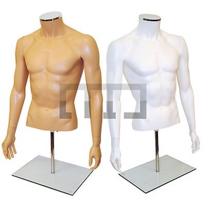 HALF MALE PLASTIC TORSO DISPLAY BUST MANNEQUIN WTH FULL ARMS GLASS BASE ...