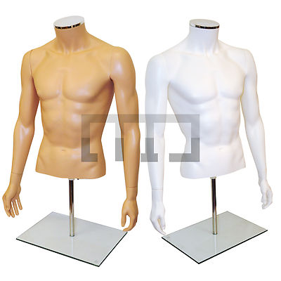 HALF MALE PLASTIC TORSO DISPLAY BUST MANNEQUIN WTH FULL ARMS GLASS BASE ...