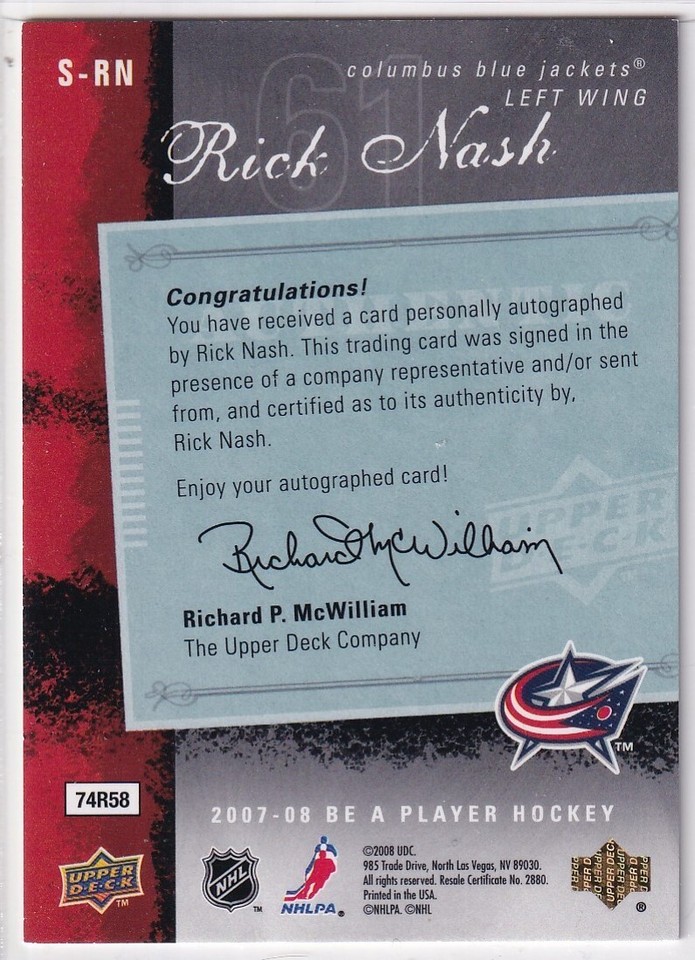 2007-08 Be A Player Signatures #SRN Rick Nash AUTO - Columbus Blue ...