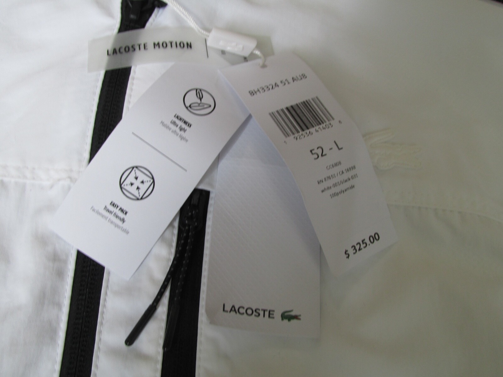 Lacoste Regular Fit White Ultra Light Packable Jacket Size Large 52 for ...