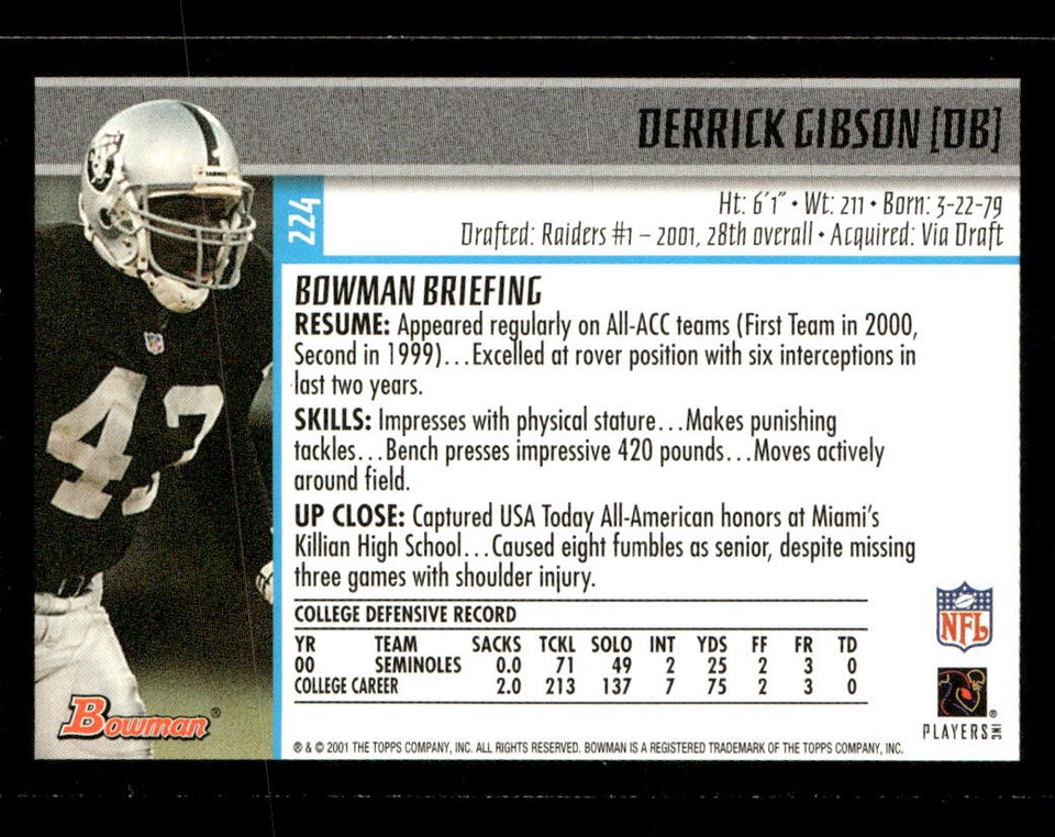 Derrick Gibson 2001 Bowman Rookie Card #224 Oakland Raiders | eBay