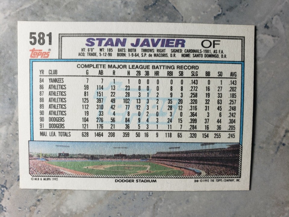 1992 Topps Baseball Card Stan Javier Los Angeles Dodgers #581 A141 | eBay