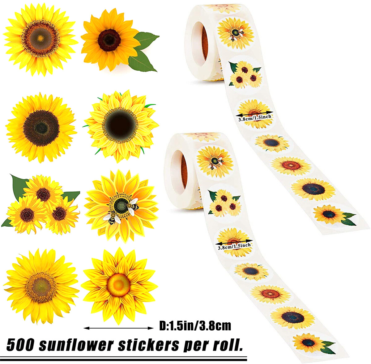 500Pcs/Roll Sunflower Stickers 1.5 Inch Sunflower Label with 8 ...