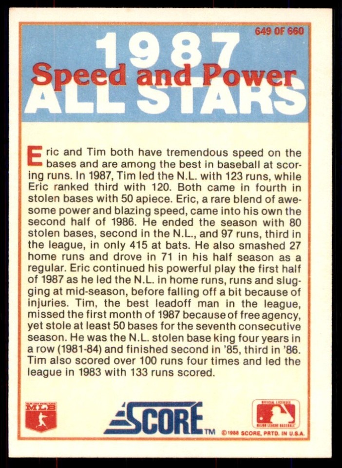 1988 Score Speed and Power (Eric Davis/Tim Raines) Reds/Expos #649 | eBay