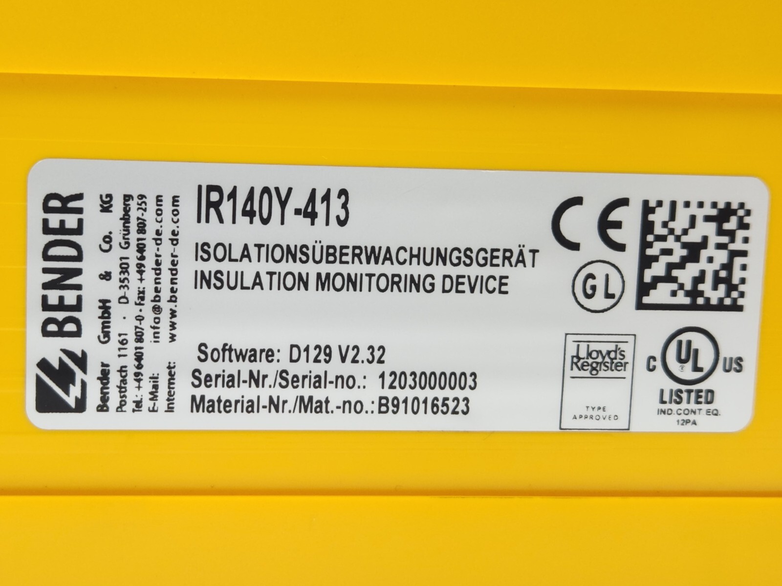 BENDER IR140Y-413 A-ISOMETER INSULATION MONITORING DEVICE B91016523 ...