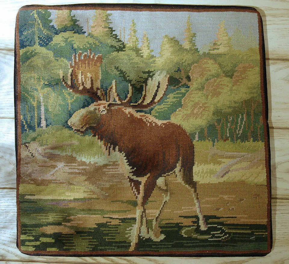 18" Beautiful Tapestry Needlepoint Throw Pillow Cushion Moose Fall ...