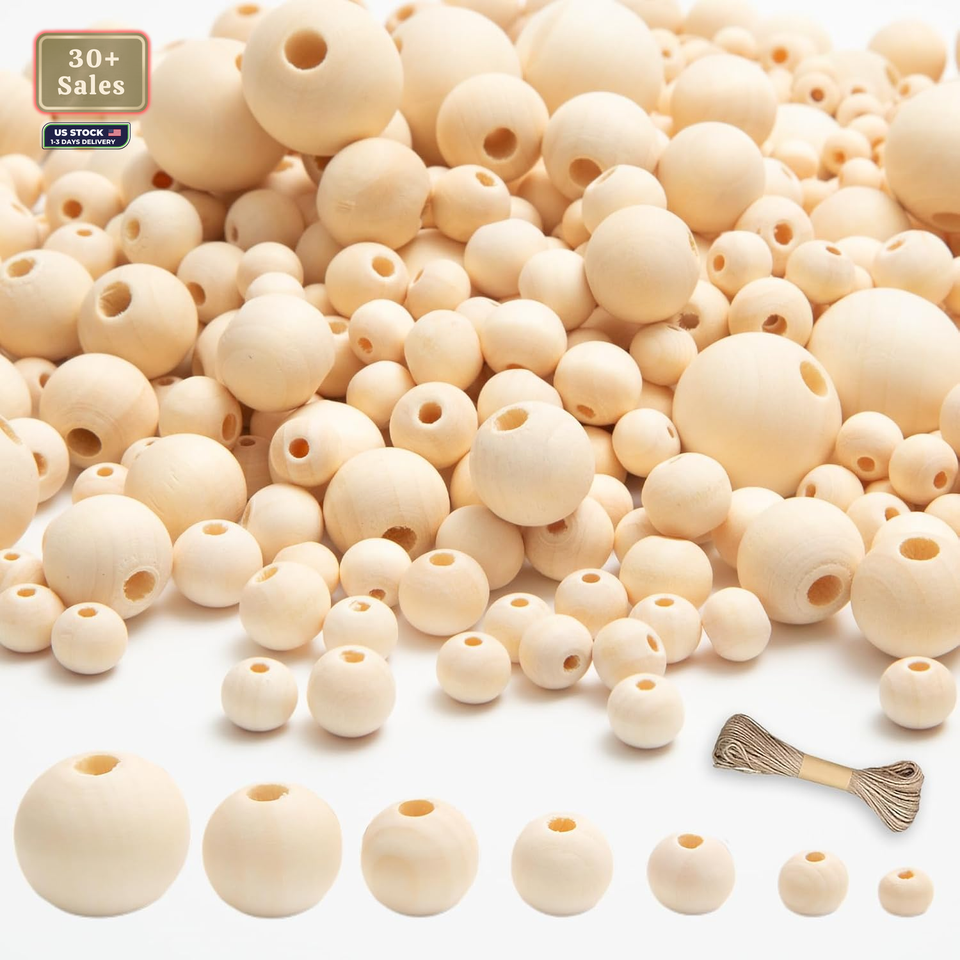 1000Pcs Wooden Beads for Crafts 7 Sizes Natural Unfinished Bulk Beads ...