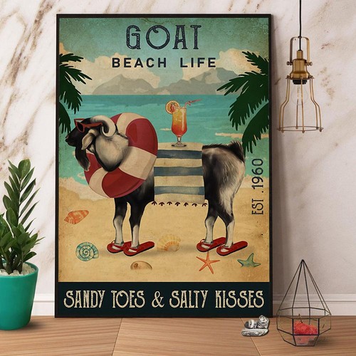 Goat Beach Life Sandy Toes & Salty Kisses Vintage Paper Poster No Frame ...