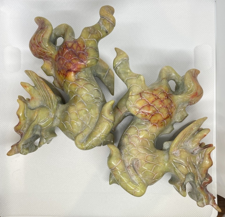 Pair 6” Jade Carved Chinese Pi Xiu - Pi Yao Protector Red Green Feng ...
