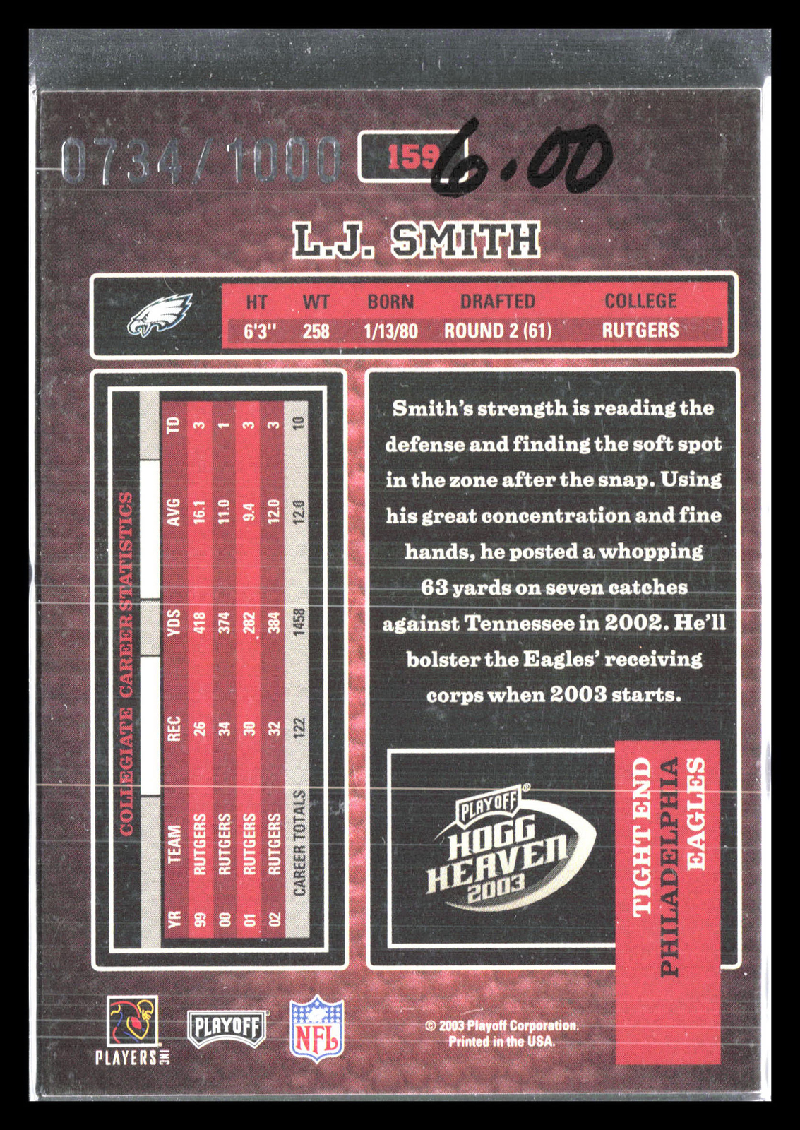 2003 Playoff Hogg Heaven - #159 L.J. Smith /1000 (RC) for sale online ...