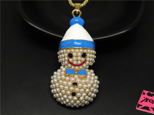 Fashion Women Blue Girl Pearl Cute Enamel Snowman Bow Pendant Chain ...