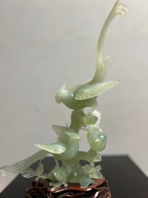 Stunning Chinese Hand Carved Green Jade Birds on a Branch on Wood Base ...